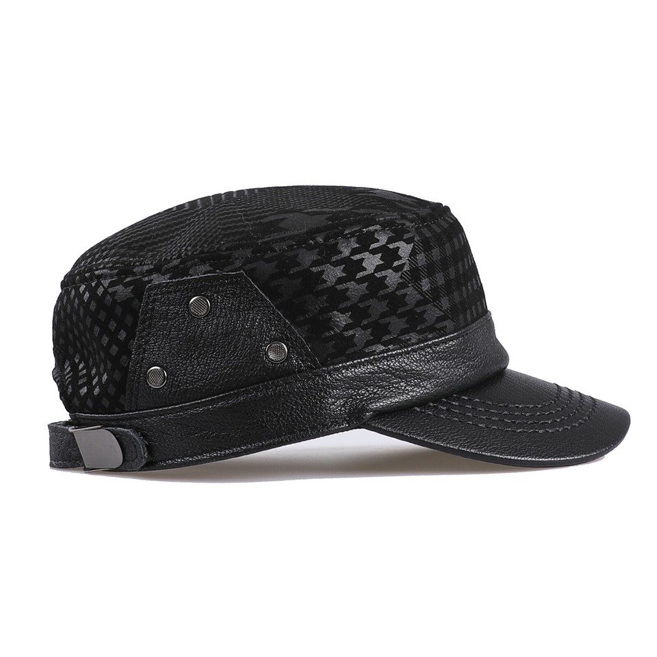 Men's Flat Top Cap Real Sheepskin Leather Military Style Caps Cadet ...