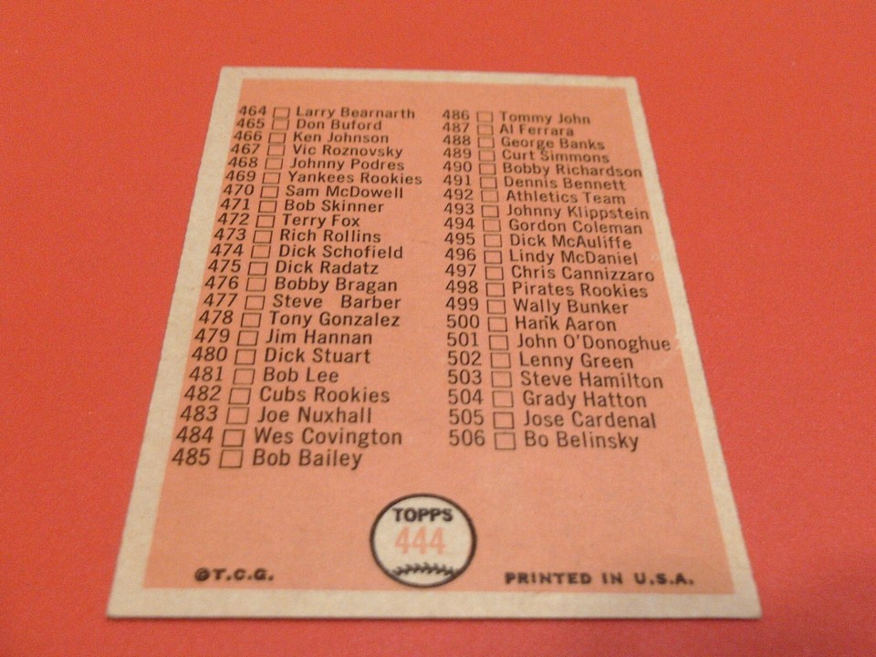 1966 TOPPS #444 6th SERIES BASEBALL CHECKLIST NR MINT / MINT OR BETTER ...
