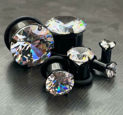 PAIR Black PVD Steel Single Flare Tunnels Prong Set CZ Gem Plugs ...