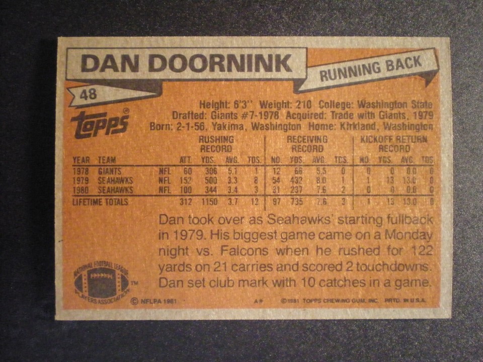 1981 Topps Football Seahawks Dan Doornink Card # 48 | eBay