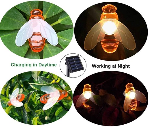 Solar Powered Bumble Bee String Lights Outdoor Garden Decor Warm White ...