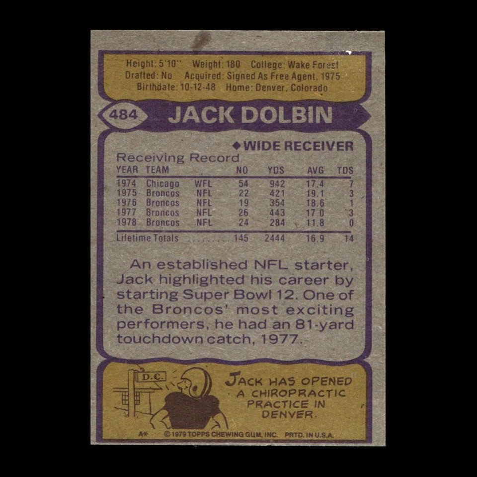 Jack Dolbin 1979 Topps Denver Broncos #484 R311E 1 | eBay