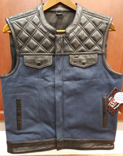 First MFG Motorcycle Club Style Leather Canvas Vest Blue Size Large | eBay