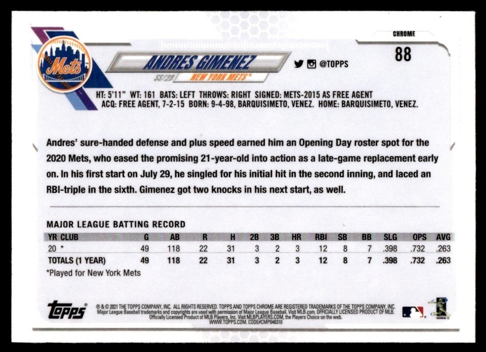 2021 Topps Chrome Andres Gimenez Rookie New York Mets #88 | eBay
