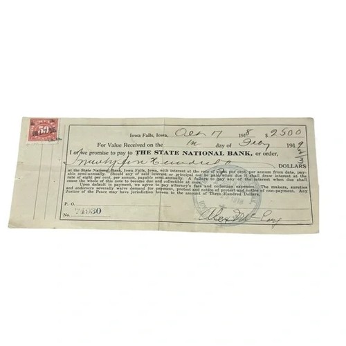 Antique Vintage Canceled Check $2500 1918 to State National Bank Iowa ...