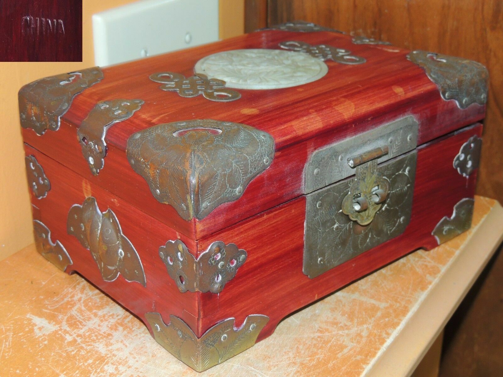 Chinese Jewelry Box 8"x5.5"x3.75 wooden Jade Bronze/ Brass Silk Lining ...