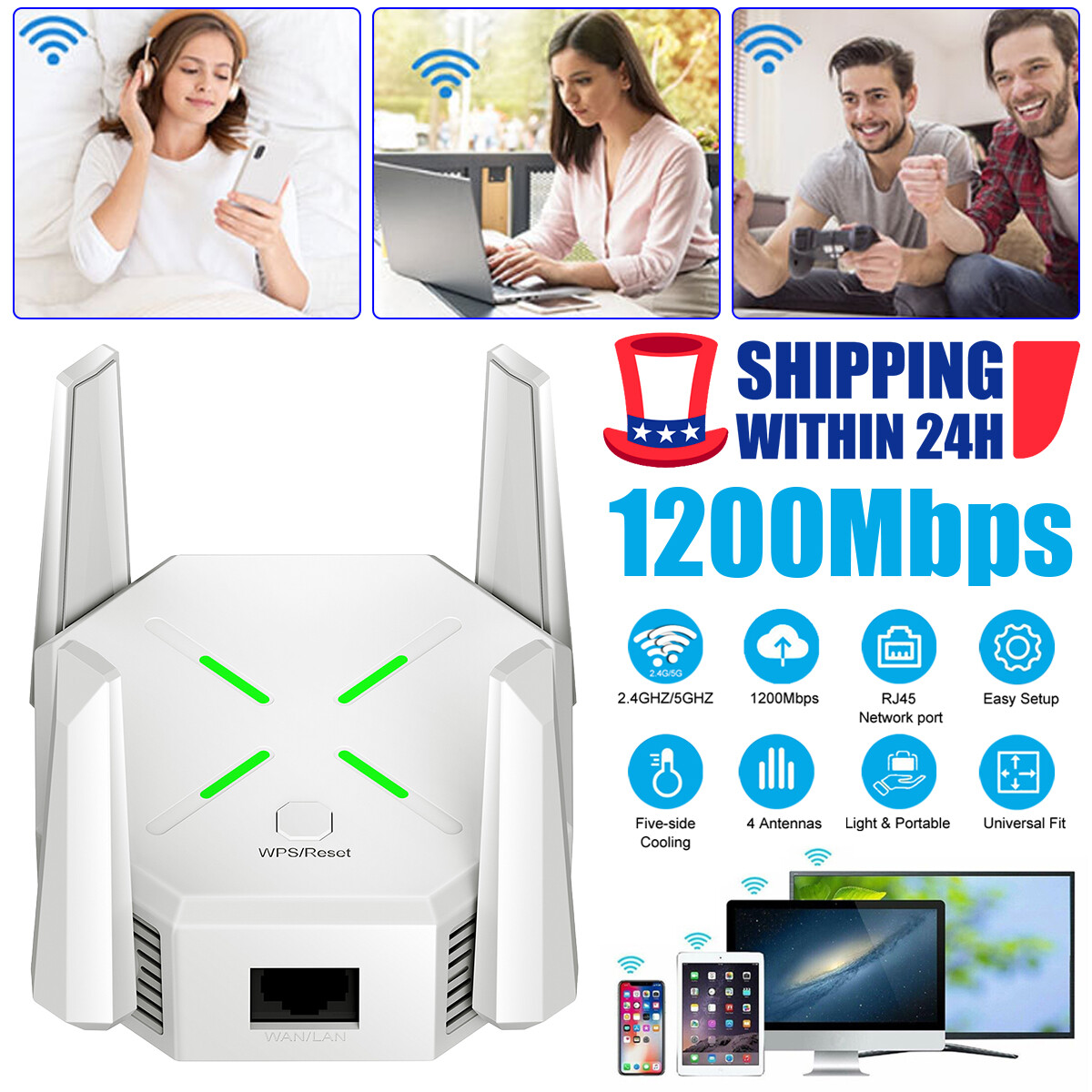 1200Mbps WiFi Extender/Booster 2.5/5G Wireless Repeater Signal Booster ...
