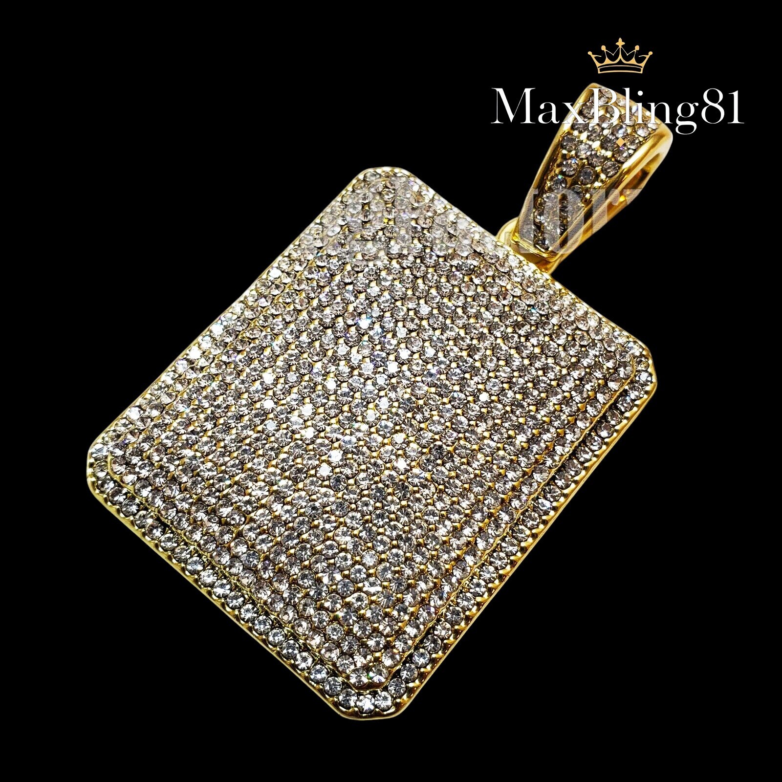 HIP HOP FULL ICED CUBIC ZIRCONIA GOLD PLATED BLING SQUARE DOG TAG CHARM ...