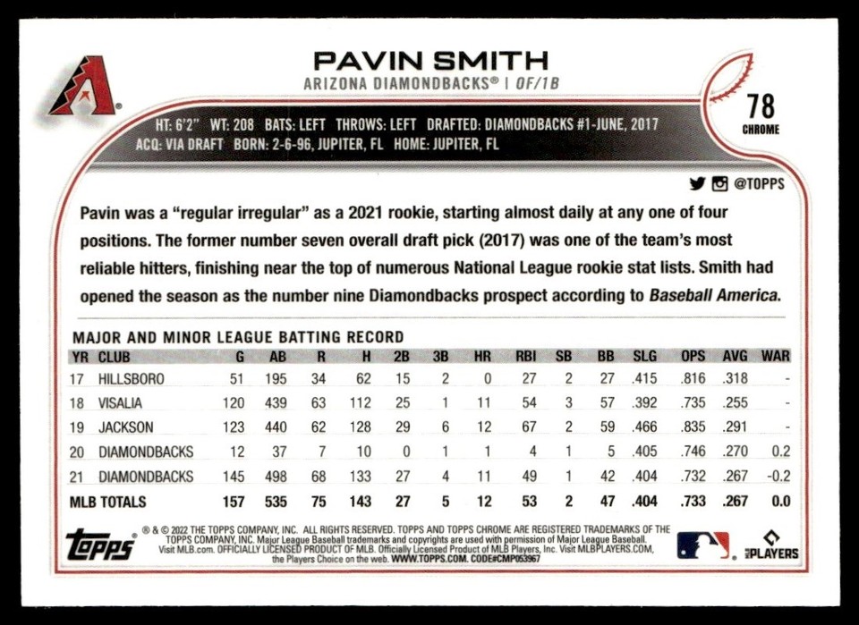 2022 Topps Chrome Pavin Smith Arizona Diamondbacks #78 | eBay