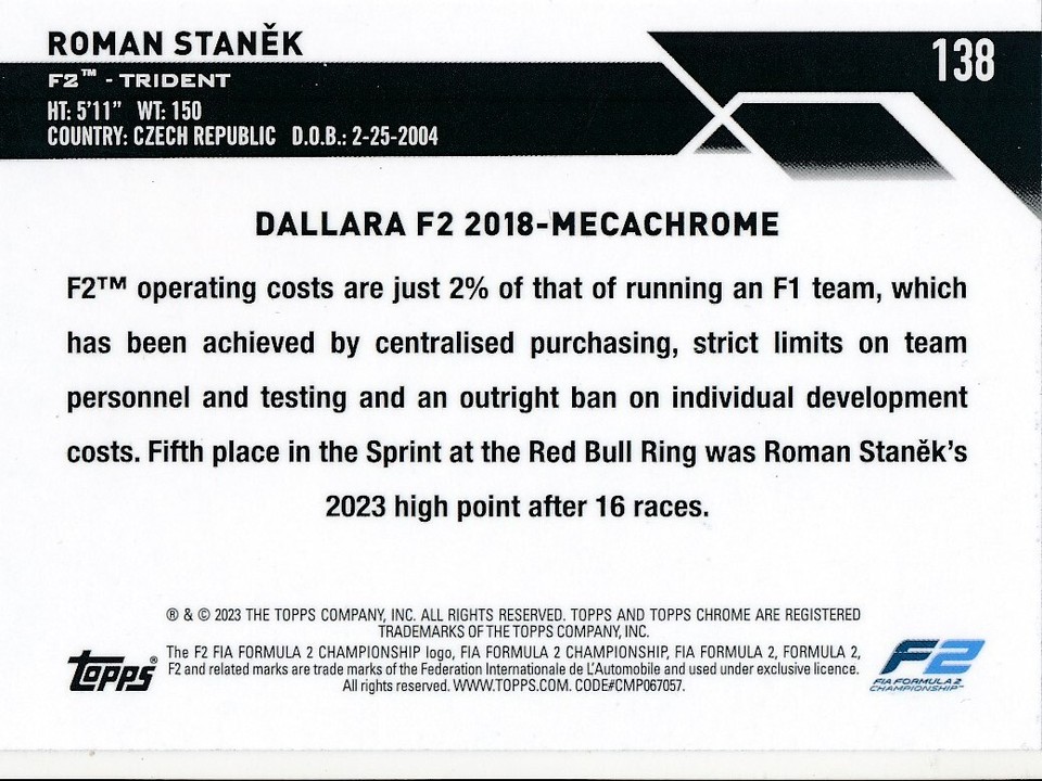 ROMAN STANEK #138 2023 Topps Chrome F1 Formula 1 F2 TRIDENT | eBay