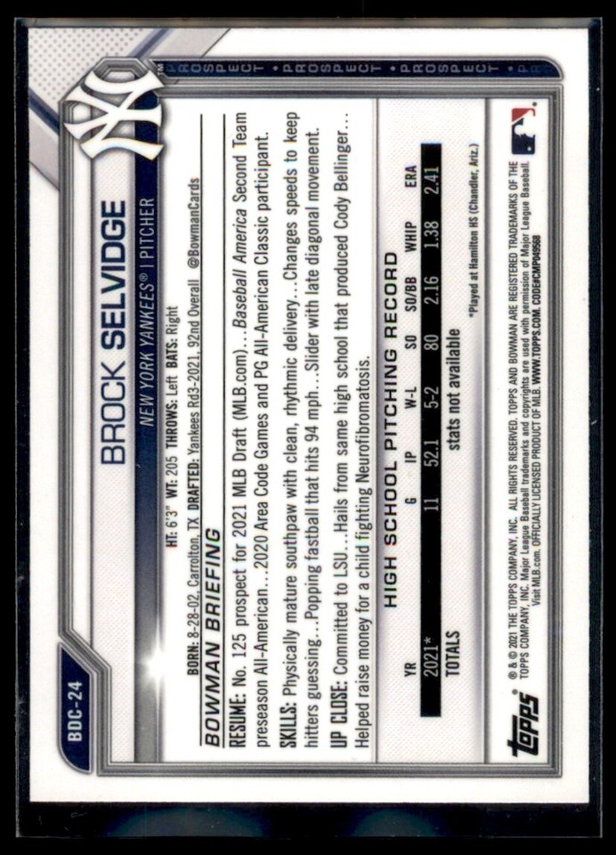 2021 BOWMAN DRAFT CHROME BROCK SELVIDGE NEW YORK YANKEES #BDC-24 65 | eBay