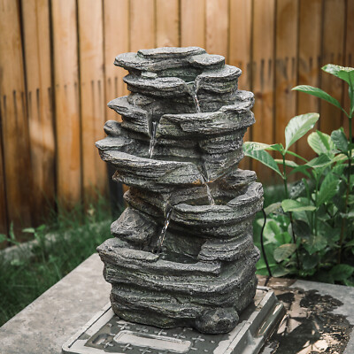 Outdoor Water Feature Fountains Electric Plug-In LED Garden Cascading ...