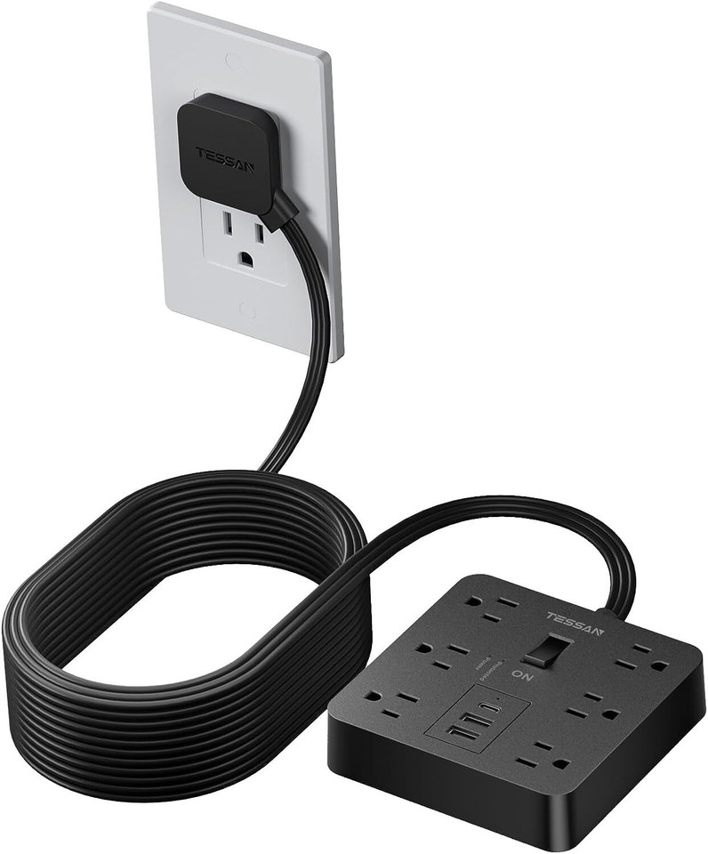 Flat Plug Power Strip with 6 Outlet Long Extension Cord USB Port Surge ...