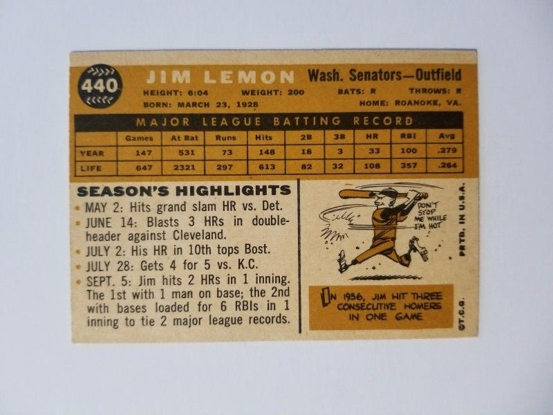 JIM LEMON 1960 TOPPS BASEBALL CARD #440 WASHINGTON SENATORS | eBay
