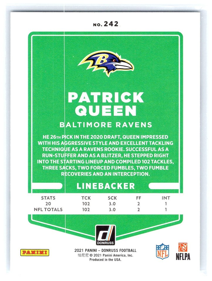 2021Donruss #242 Patrick Queen Football Baltimore Ravens | eBay