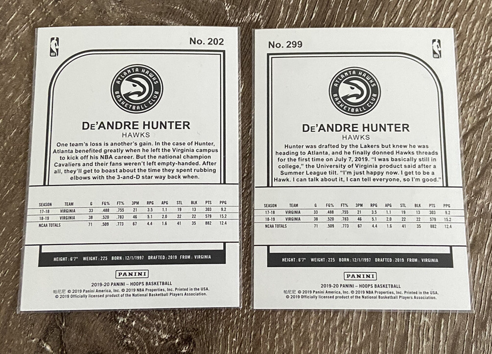 DEANDRE HUNTER 2019-20 NBA HOOPS ROOKIE CARD and TRIBUTE ATLANTA HAWKS ...
