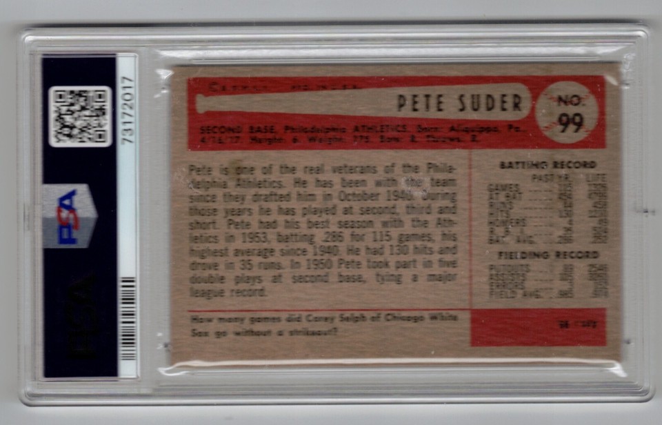 1954 BOWMAN PETER SUDER WITH .985/.974 FIELD AVG. #99 PSA NM 7 ...