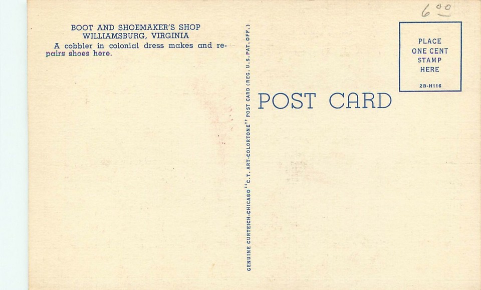 Postcard Williamsburg Boot Shoemaker Shop Virginia VA Linen Colonial ...