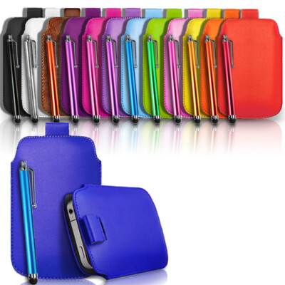 QUALITY LEATHER PULL TAB CASE COVER POUCH & STYLUS FOR VARIOUS MOBILES ...