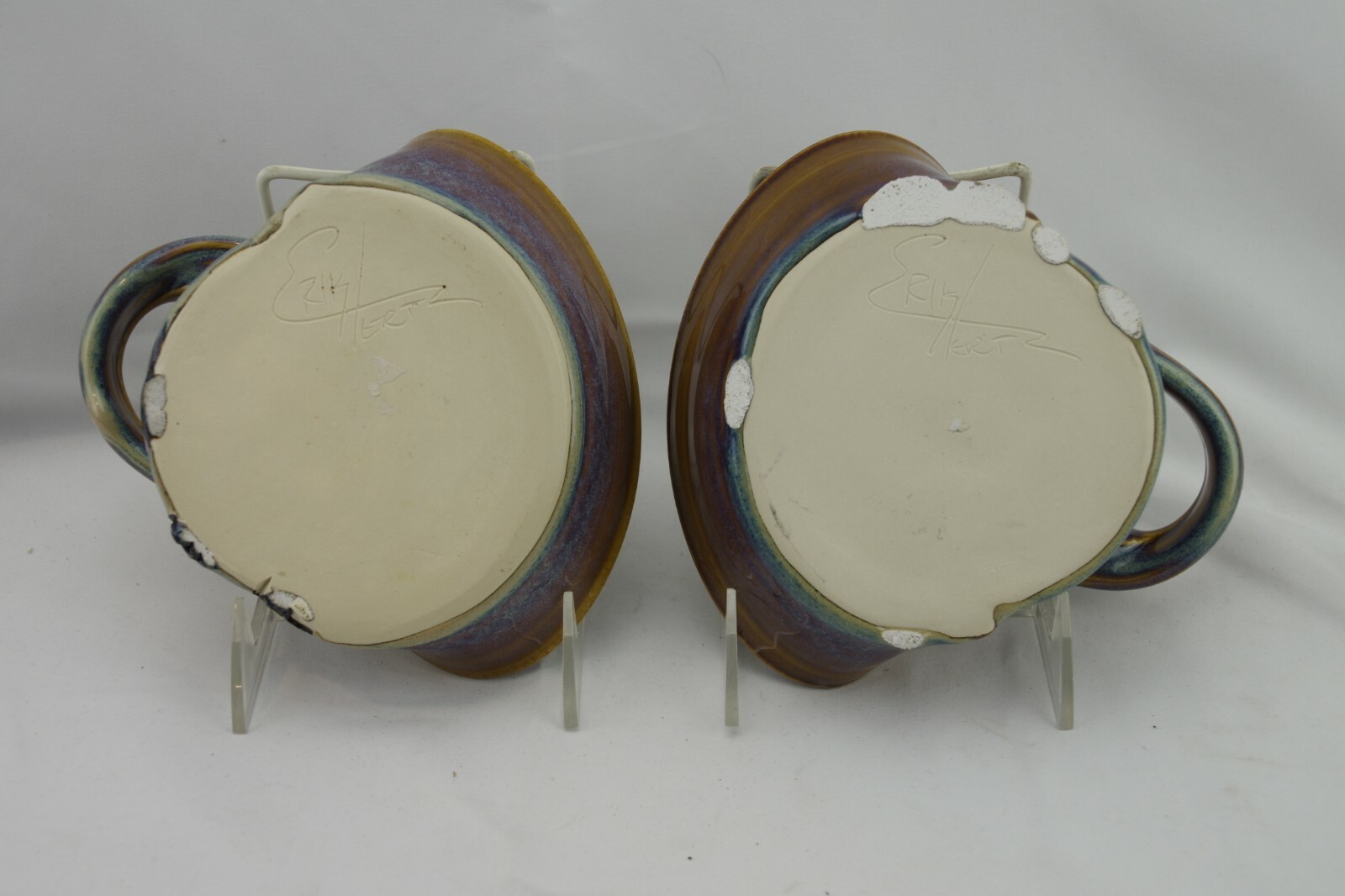 Eric Hertz Pottery Soup Crackers Handled Mugs Blue Brown Studio Hand ...