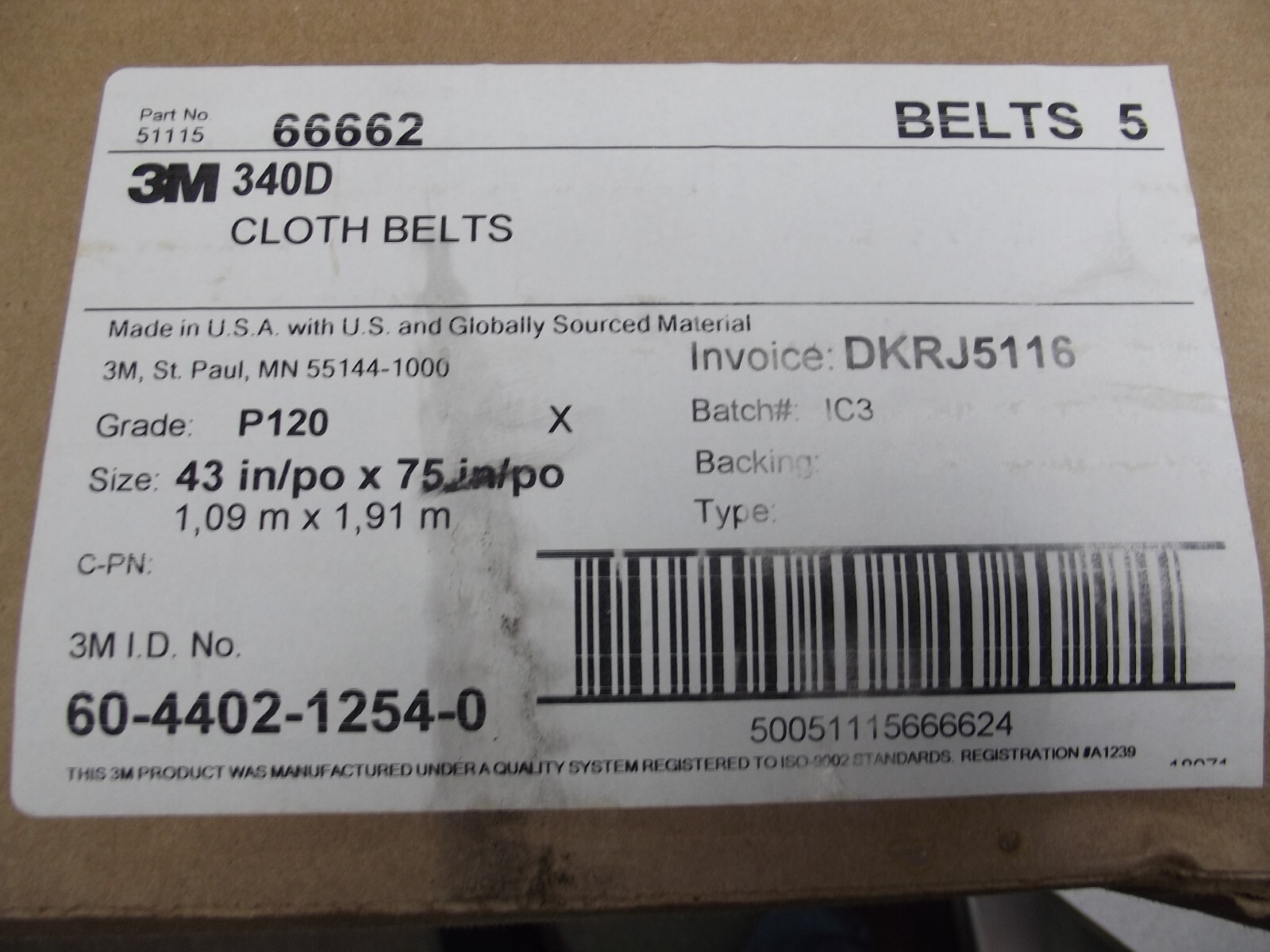 3M 340D 60-4402-1254-0 Cloth Belts 43" x 75" Grade P120 66662 Case of 5 ...