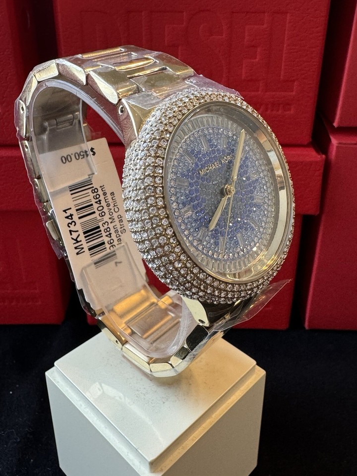 NEW Michael Kors Camille Gold Pave Glitz Blue Crystal Watch MK7341 NIB ...