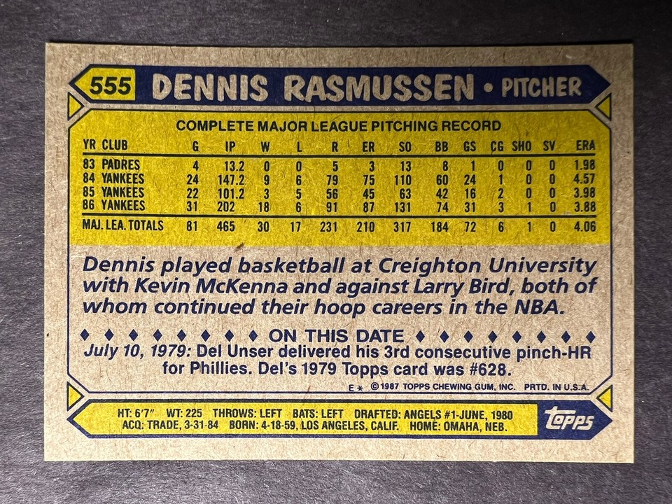 1987 Topps Dennis Rasmussen New York Yankees Card #555 | eBay