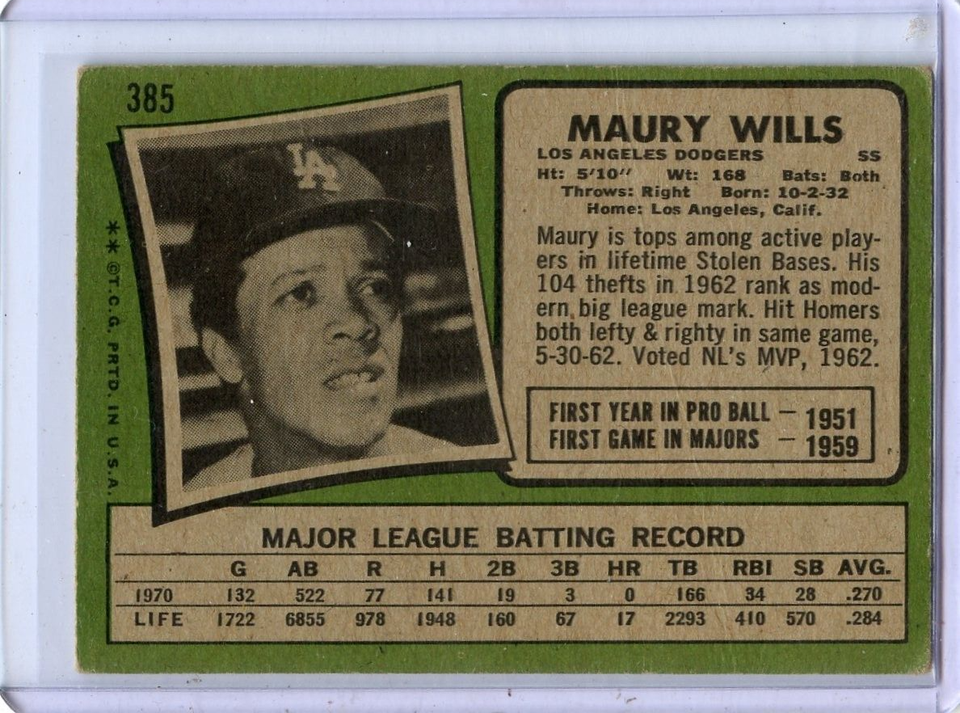 1971 Topps Maury Wills Los Angeles Dodgers #385 🚀😳💥 GVG | eBay