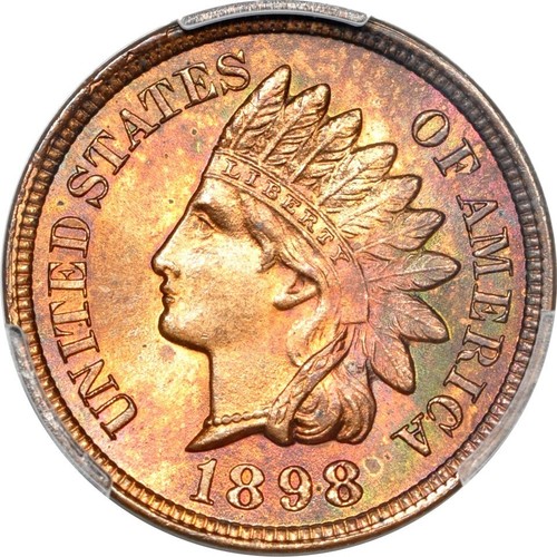 1898 1c Indian Head Cent PCGS MS 64 RB CAC & PhotoSeal Rainbow Sea ...