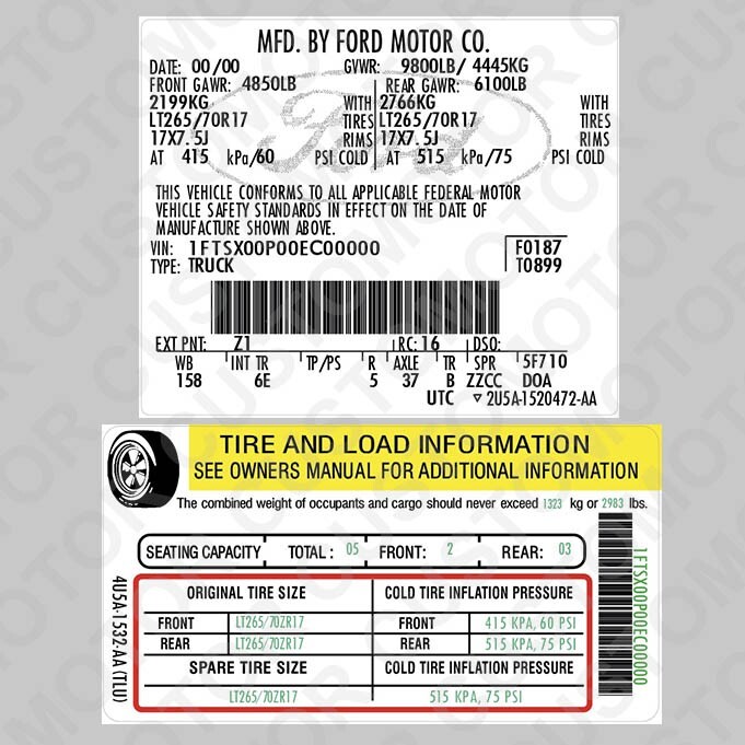 Ford Set Factory Style Replica Stickers Labels Tire & VIN | White ...