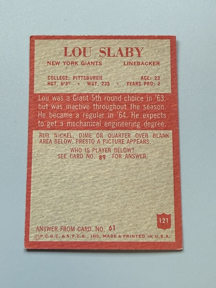 1965 Philadelphia Football #121 Lou Slaby | eBay