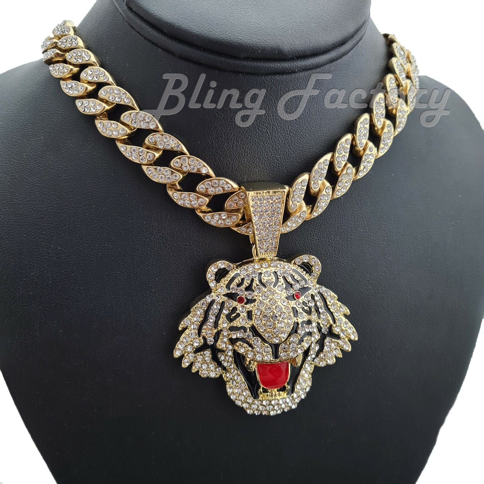 Iced Large Gold Tiger Pendant & 16" ~ 24" Iced Cuban Choker Chain Bling ...