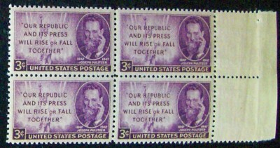 3c stamp block of 4 SC #946 J. Pulitzer, Our Republic and It's Press ...