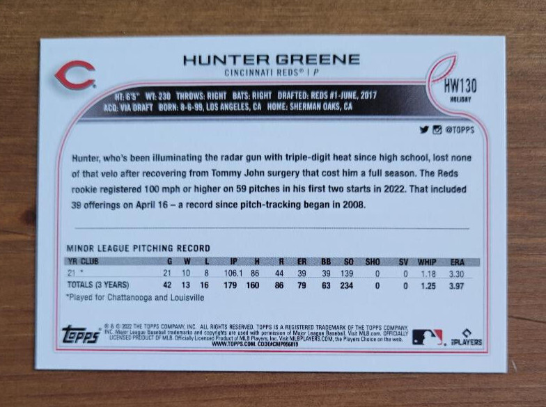 Hunter Greene Cincinnati Reds ROOKIE RC 2022 Topps Holiday SP Candy ...