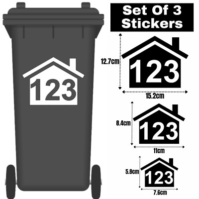x3 White Wheelie Bin House Numbers Stickers Wheely Dustbin Sticker Peel ...