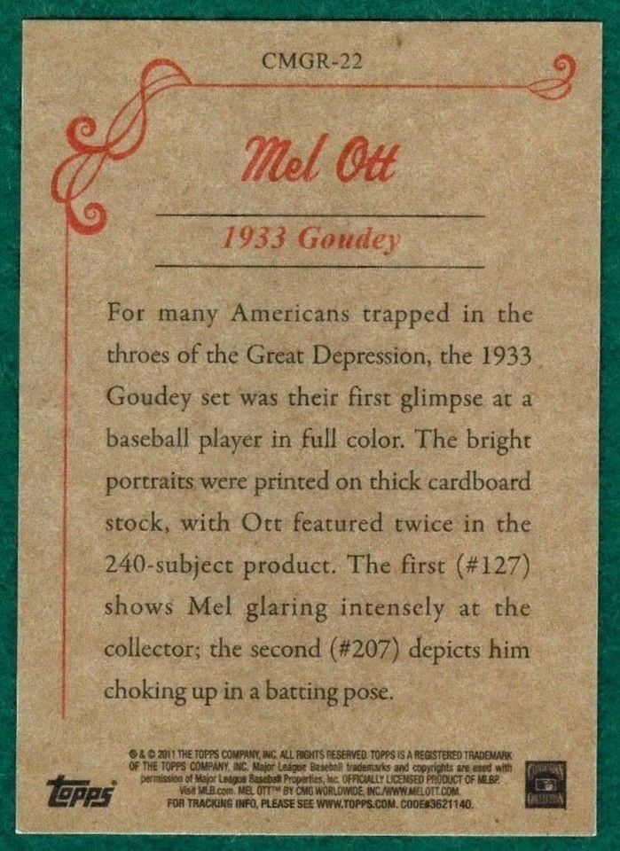Melvin Ott - 2011 Topps CMG Reprints #CMGR-22 - New York Giants ...