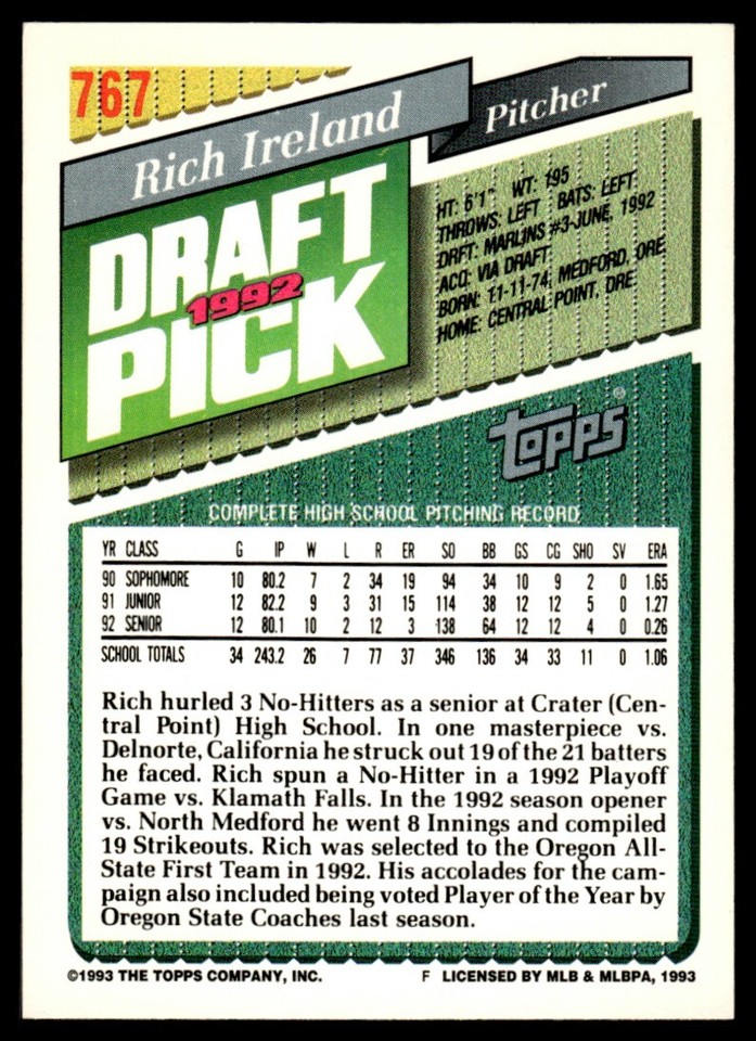 1993 Topps Draft Pick #767 Rich Ireland Rookie Florida Marlins | eBay