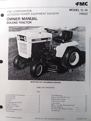 Bolens FMC G-14 1453 Lawn Garden Tractor Owner & Parts (2 Manuals) 1974 ...