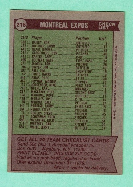 (1) TEAM CARD 1976 TOPPS # 216 MONTREAL EXPOS EX/EX+ CARD (K4295) | eBay