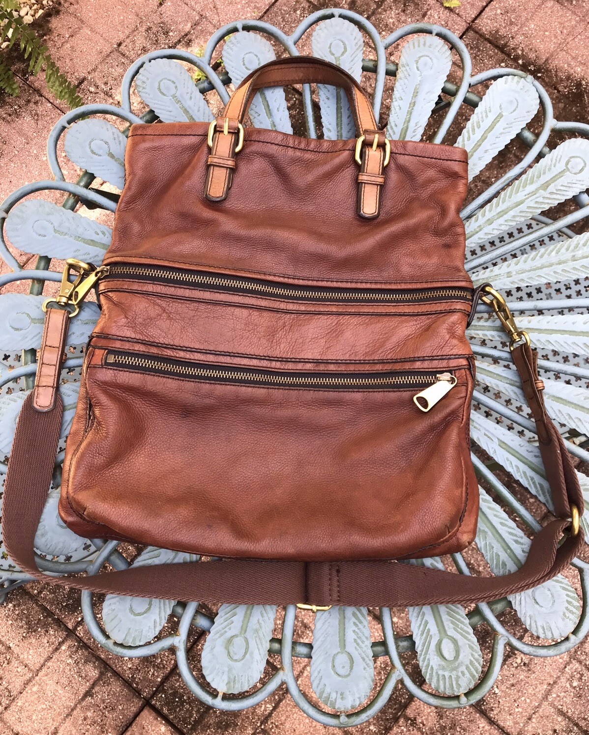 GUC Fossil Explorer Fold-Over Brown Leather Handbag C… - Gem