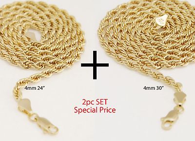 Men's Women's 14K Yellow Gold Plated 4 mm Rope Chain Necklace 24"+30 ...