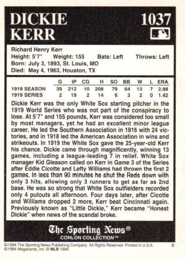 1994 TSN Conlon Collection Dickie Kerr Chicago White Sox Black Sox ...
