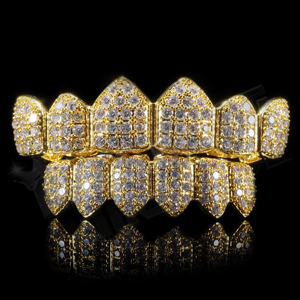 18K Gold Plated Top Bottom GRILLZ CZ Cluster Custom Slugs Mouth Teeth ...