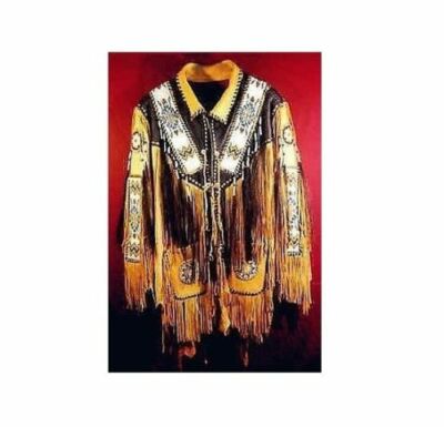 Men's Handmade Native American Red Indian Leather Jacket Fringes beads ...