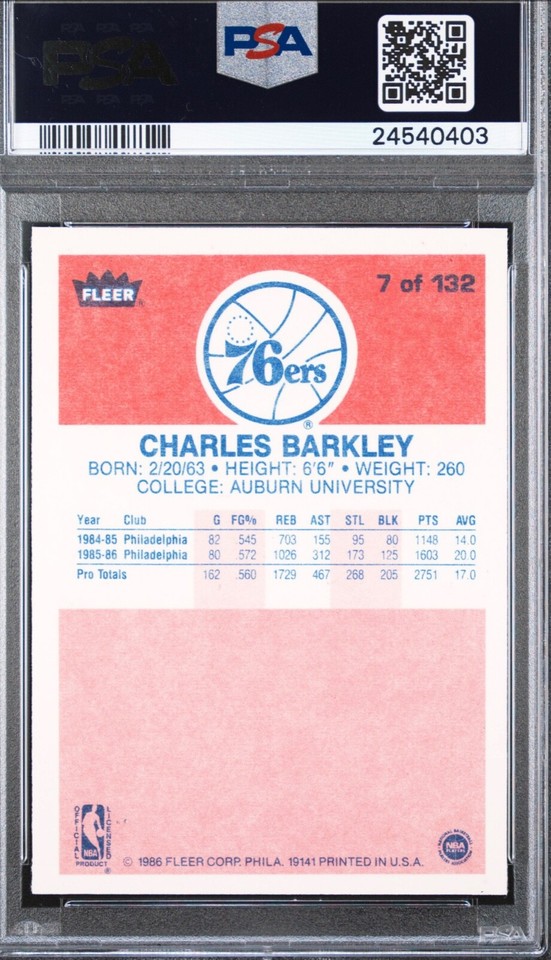 1986 Fleer — Charles Barkley — ROOKIE — 💎 MINT PSA 10 — population 240 ...