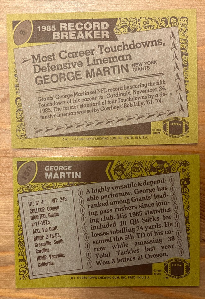 1986 Topps George Martin NY Giants 2 card lot Super Bowl Champion. Free ...