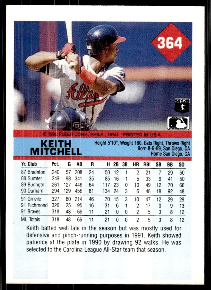 1992 Fleer Baseball Card Keith Mitchell Atlanta Braves #364 | eBay