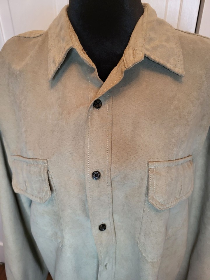 Men Tan Faux Suede Microfiber Button Up Basic Editions XL Western Streetwear | eBay