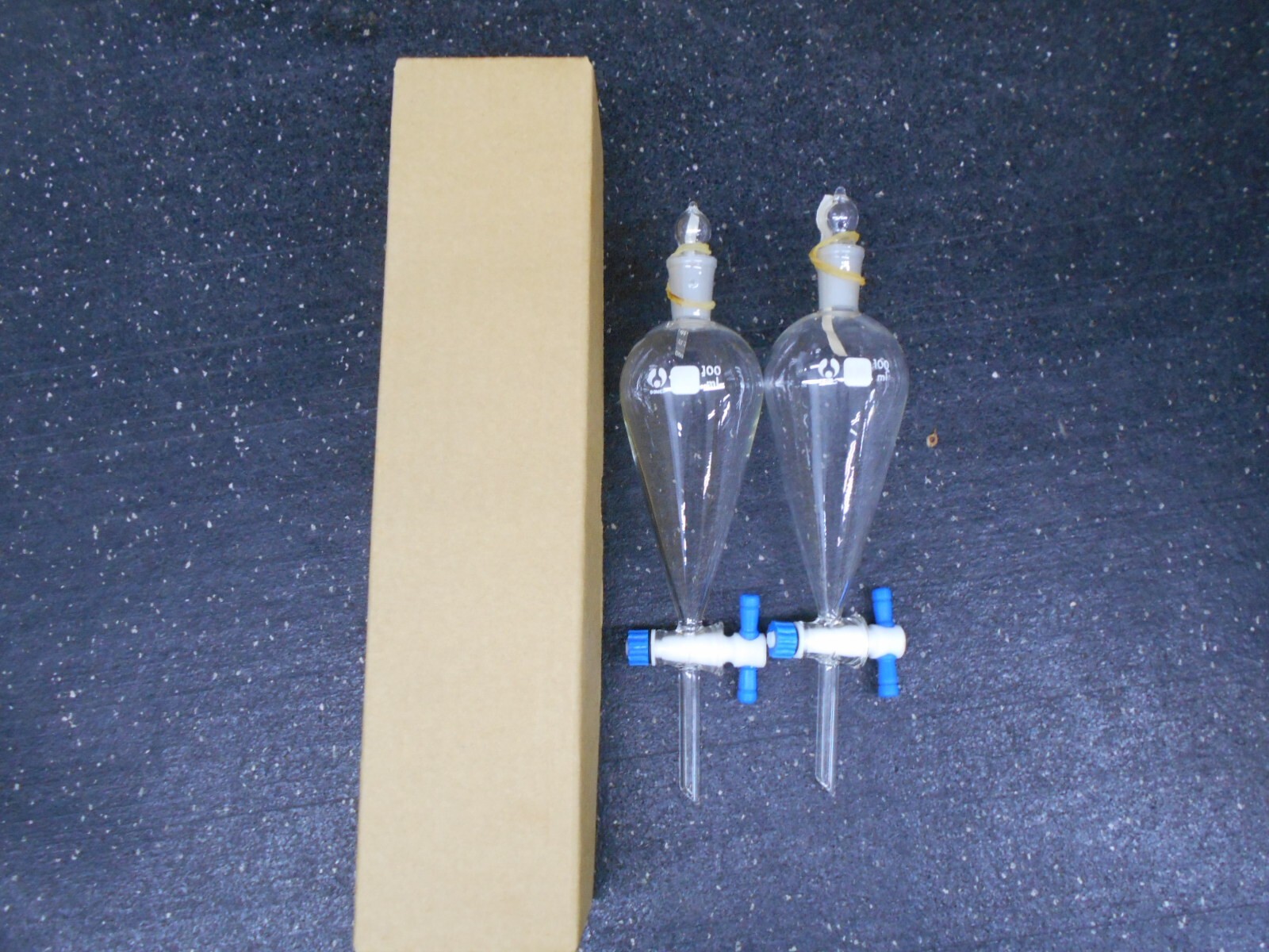 KIMBLE BOMEX 100mL GLASS SQUIBB SEPARATORY FUNNELS W/ GLASS STOPPER BOX ...