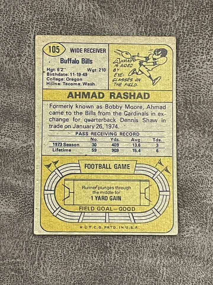 1974 Topps Football Ahmad Rashad #105 EX-NM Rookie RC Buffalo Bills | eBay